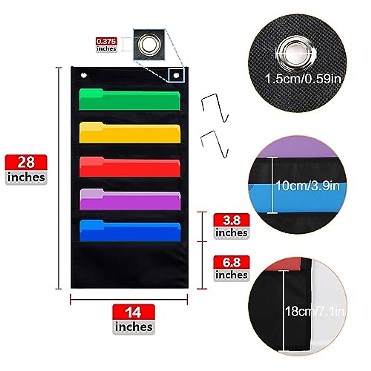 Headif Premium Door Hanging File Organizer,Cascading Wall File Storage Pocket Chart, 5 Pockets Folder Holder & 2 Hangers, Perfect for Classroom Office School and Home Use Organization