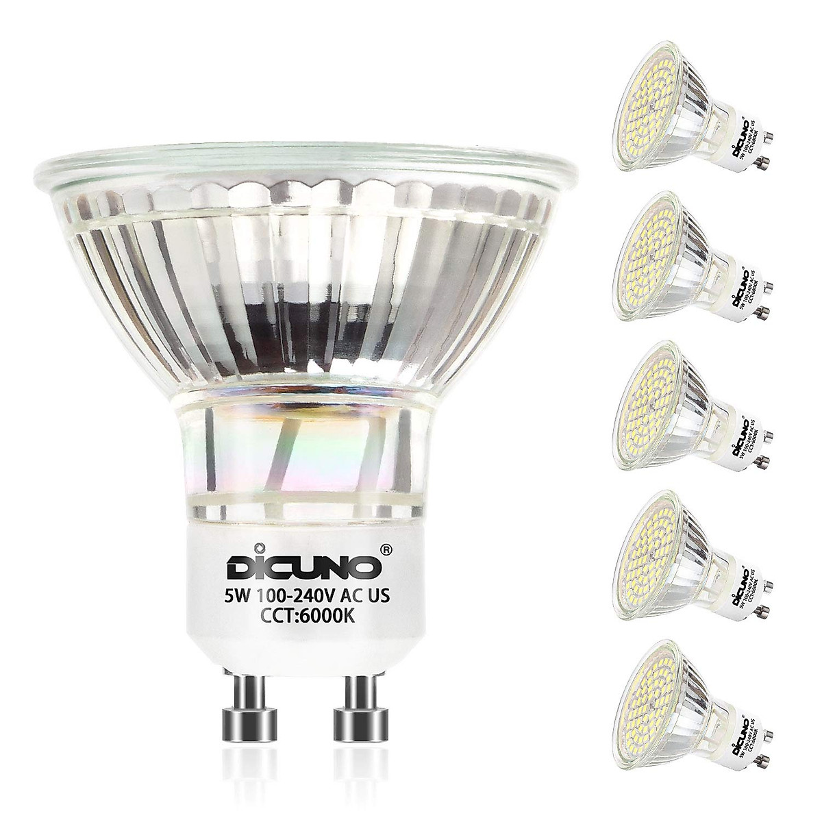 DiCUNO GU10 LED Bulbs 5W Daylight White 6000K, 500lm, 120 Degree Beam Angle, Spotlight, 50W Halogen Bulbs Equivalent, Non-dimmable MR16 LED Light Bulbs, 6-Pack