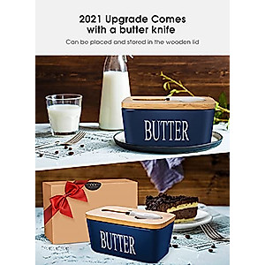 AISBUGUR Large Butter Dish with Lid Ceramics Butter Keeper Container with Knife and High- quality Silicone Sealing Butter Dishes with Covers Good Kitchen Gift Blue