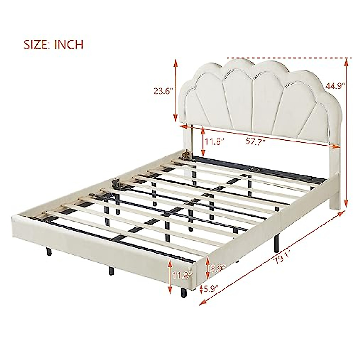 Velvet Upholstered Full Bed Frame with Smart LED and Elegant Flowers Headboard, Platform Bed with Wooden Slats Support for Kids, Boys, Girls, Teens, Adult, No Box Spring Needed (Beige, Full)