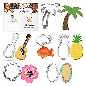 Foose Cookie Cutters 6 Piece Tropical Set 5.25" Guitar, 5" Palm Tree, 5.25" Pineapple, 3.75" Hibiscus, 3.5" Fish, 4" Lei, USA Made