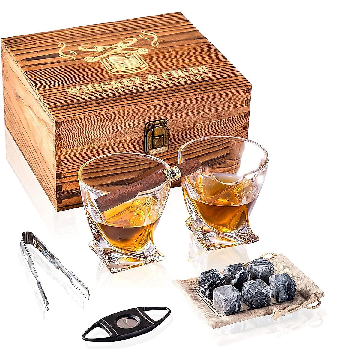VKDONE Whiskey Glasses Set of 2 - Bourbon Gifts for Men Includes Whisky Rocks Glasses, Chilling Stones, Tongs, Velvet Pouch and Cutter, Valentines Day Gifts for Him, Dad, Husband, Whiskey Lover