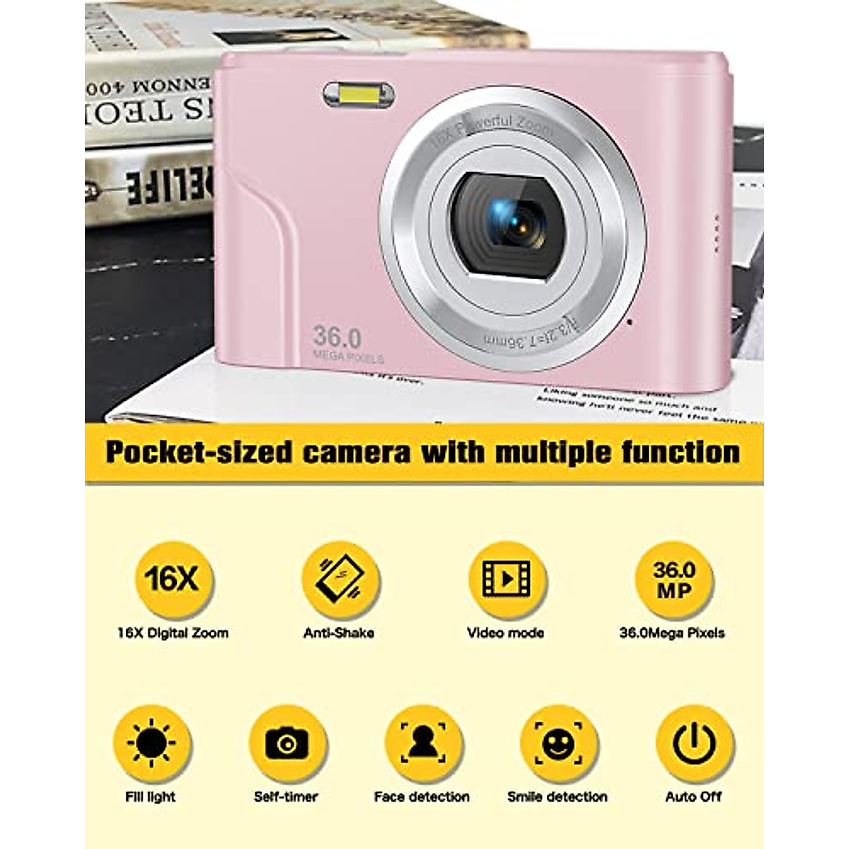 Digital Camera with 32GB SD Card, Lecran Kids Camera FHD 1080P 36.0 Mega Pixels Vlogging Camera with 16X Digital Zoom, LCD Screen, Compact Portable Mini Cameras for Kids, Teens, Students (Pink)