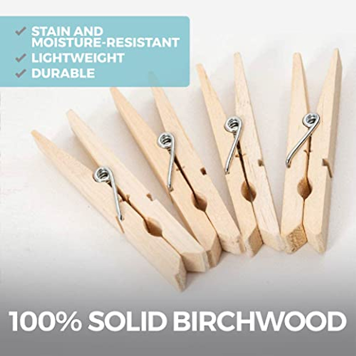 Home Genie Large Wooden Clothespins, 2.9", Natural Birchwood Rust and Moisture Resistant Clothes Pegs, Durable Wood Clothing Pins, Strong Grip, Laundry Clothesline, Bag Clips, Crafts, Photos, 25 Pack