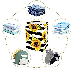 DEYYA Waterproof Laundry Baskets Tall Sturdy Foldable Sunflowers White Black Stripe Print Hamper for Adult Kids Teen Boys Girls in Bedrooms Bathroom