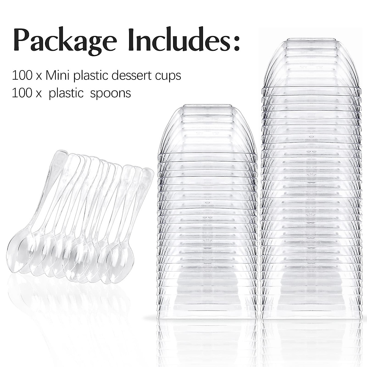 TOFLEN 100ct 2 oz Mini Dessert Cups with Spoons, Clear Plastic Reusable Small Party Serving Cups for Appetizers, Hors D'oeuvres Plates