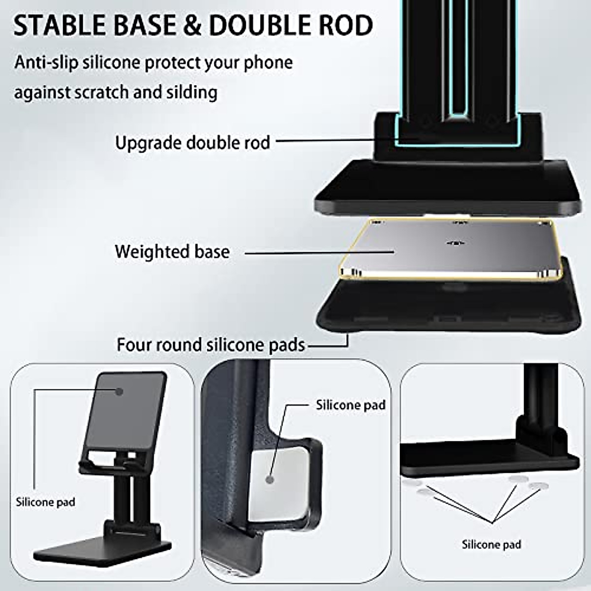 BERITNI Cell Phone Stand, Adjustable Phone Stand for Desk Foldable Cell Phone Holder for Office Desktop Cradle Dock Compatible with iPhone 14 13 12 Pro Max, iPad Mini, All Mobile Phone, Black