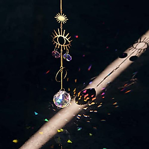 H&D HYALINE & DORA Handmade Crystal Suncatcher Window Hanging Ornament with Evil Eye Sun Moon Pendant, Colorful Crystal Ball Prism Decor for Home Garden Christmas Day Wedding Rainbow Maker Ornament