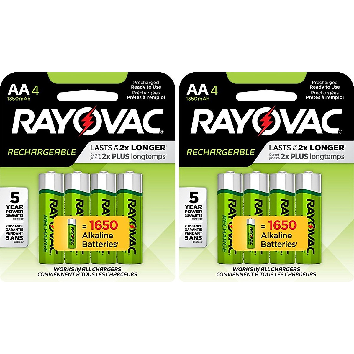 8 Rayovac AA Recharge Rechargeable 1350mAh NiMH Pre-Charged Batteries, (2 x 4 Packs) + Holders