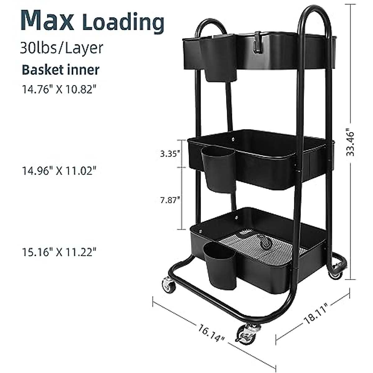 IAMFAN 3-Tier Metal Rolling Utility Cart,Storage Carts with Handle and Lockable Wheels,Art Cart Organizer,Craft Cart,Roller Cart for Office,Bedroom,Living Room,Kitchen,Bathroom,Black