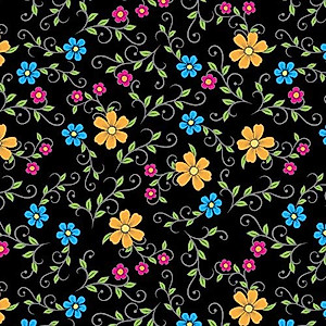 Folk Skulls Floral Black Cotton Fabric by The Yard
