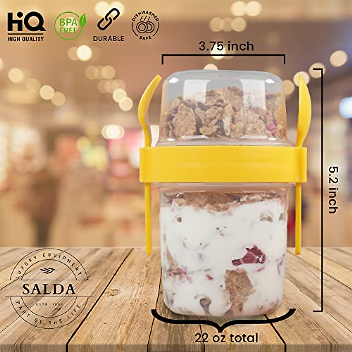 Salda 2 Pack 22 oz Breakfast On the Take and Go Cup with Topping ,spoon and fork, Overnight Oats or Oatmeal Container Yogurt Cereal Jar, Colorful Set of 2 (Yellow and Green)