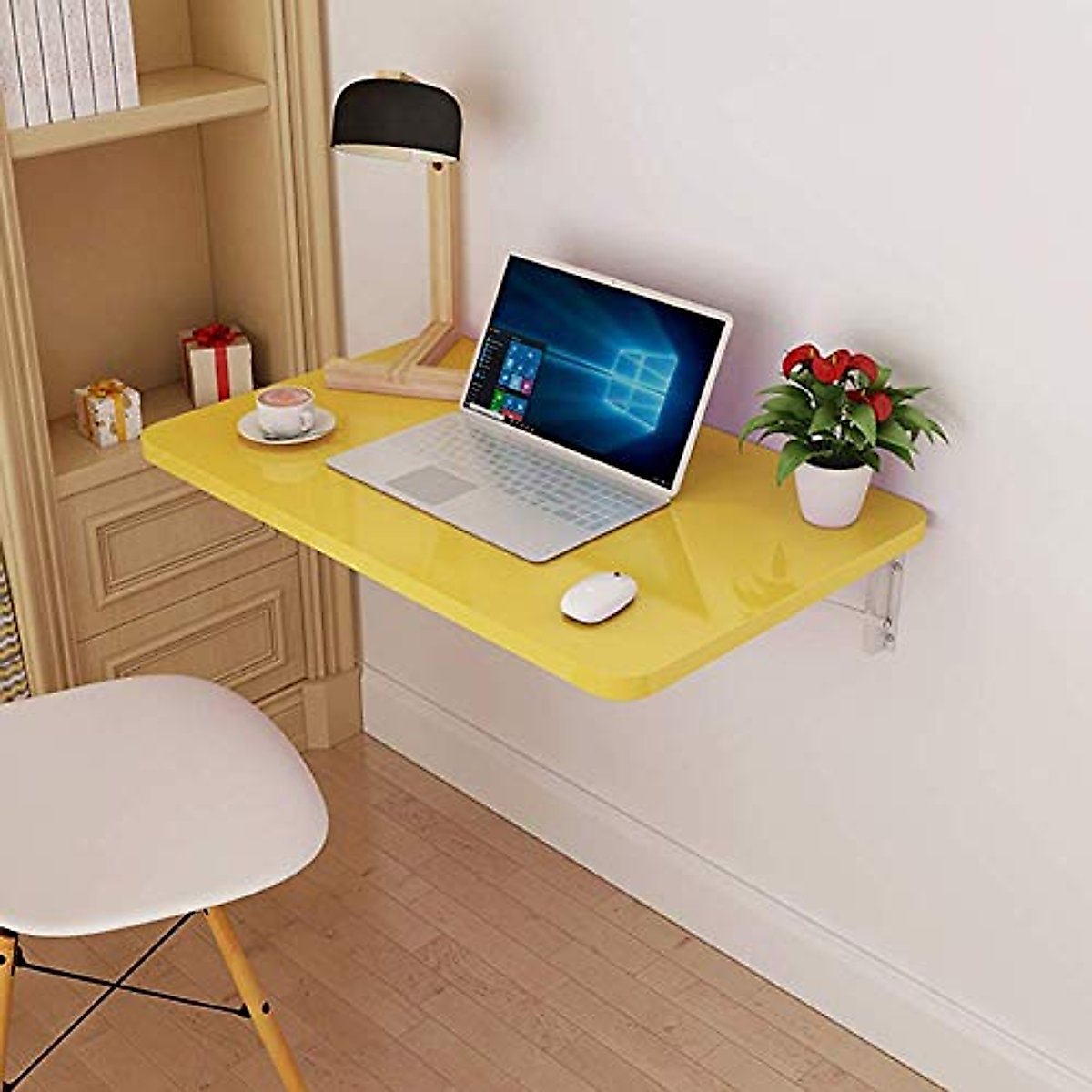 PIBM Stylish Simplicity Shelf Wall Mounted Floating Rack Shelves Foldable Dining Table Bookshelf Computer Desk Solid Wood Metal Bracket Smooth,12 Sizes,5 Colors, Yellow , 60x50cm