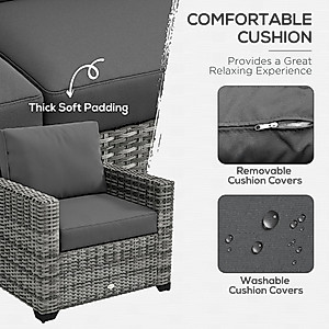 Outsunny 5 Piece Patio Furniture Set with Cushions, Outdoor PE Rattan Wicker Conversation Sofa Set with 30" Fire Pit Coffee Table, Dark Gray