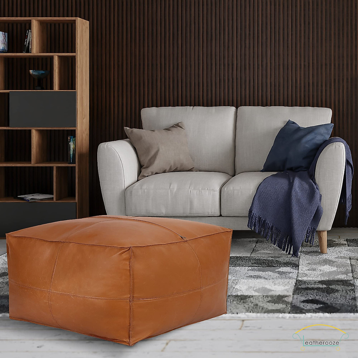 LEATHEROOZE Amazing Square unstuffed Ottoman Pouffe Moroccan Leather, Ottoman Square Pouf, Light tan Handmade Footstool Square pouffe Moroccan (44 * 44 * 18 inch)