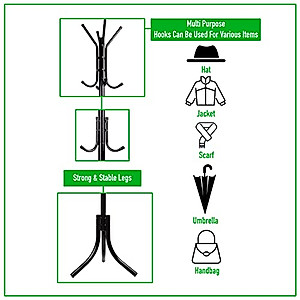 Mind Reader COATRACK11 Standing Metal Coat Rack Hat Hanger 11 Hook for Jacket, Purse, Scarf, Umbrella Tree Stand, Black