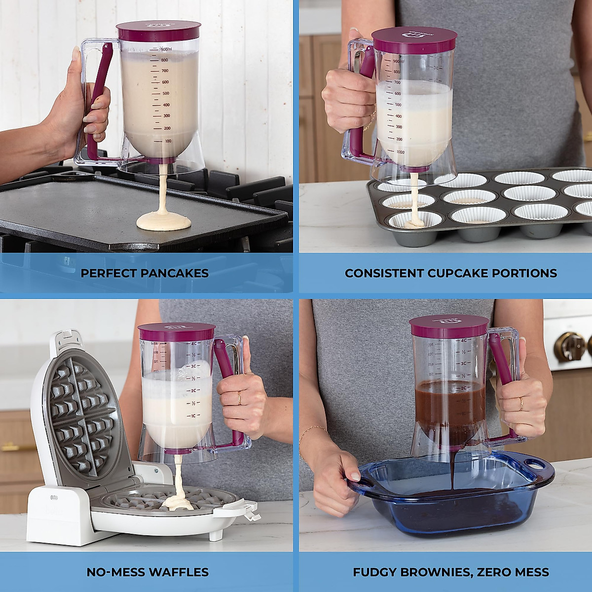 KPKitchen Pancake Batter Dispenser - Kitchen Must Have Tool for Perfect Pancakes, Cupcake, Waffle, Muffin Mix, Crepe & Cake - Easy Pour Baking Supplies for Griddle - Pancake Maker with Measuring Label