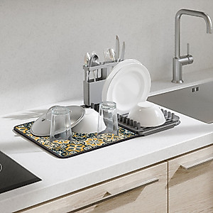 NeuWee Dish Drying Mat for Kitchen Counter, Super Absorbent, Heat Resistant, Non-Slip Dish Drying Pad, Hide Stain Coffee Mat, Table Mat Under Appliance, Ethnic Style, Yellow Blue Print, 16 x 20 Inch