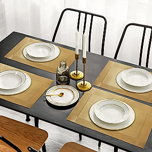 Trophable Placemats Set of 6, Table Placemats Heat Resistant Woven Placemats Washable PVC Place Mats Woven Vinyl Placemats Non-Slip Stain Resistant Kitchen Table Placemats Easy to Clean (Gold)