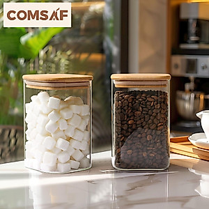 ComSaf 37 oz Glass Storage Containers with Lids, Glass Jars with Lids, Clear Food Jar, Square Canister Set of 6, Pantry Organizers and Storage for Cookie Flour Oat Pasta Tea Coffee Bean