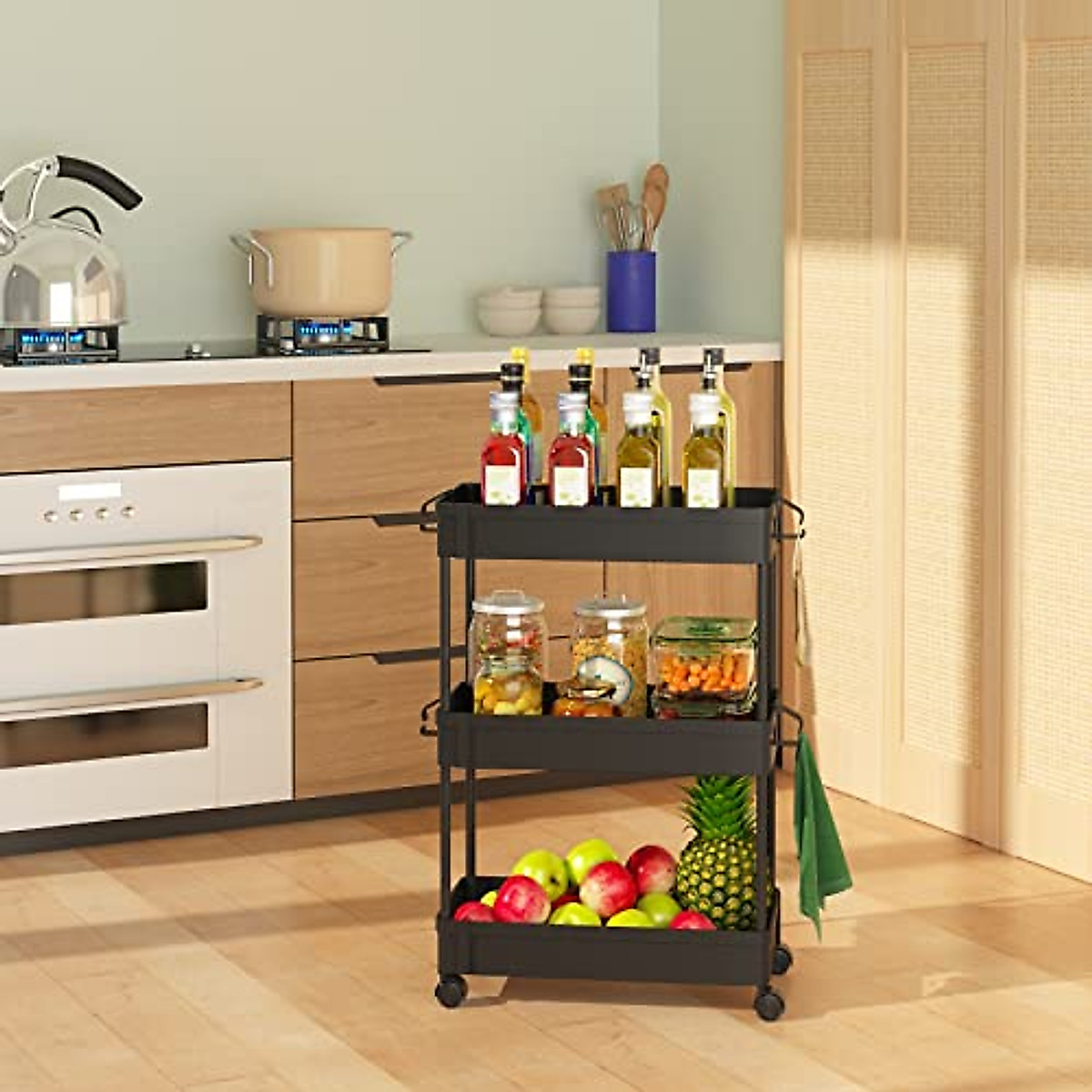 Boeeoan 3 Tier Rolling Utility Storage Cart, Mobile Shelving Organizer with Hooks for Kitchen Bathroom Laundry Room Living Room, Black