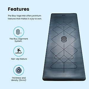 Bluu Yoga Aligner Mat with Bluu Alignment System,Superior Grip,Anti-Slip Yoga Mat,Natural Rubber,6mm Thick Mat for Yoga,Blue, Black, Gray,Bikram Yoga Mat,Pro Yoga Mat with AsanaAlign (Black)