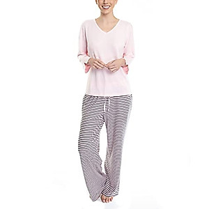 Hanes Women's Butter Knit 3/4 V-Neck Sleep Top and Pajama Pant Lounge & Sleep Set Pink/Stripe