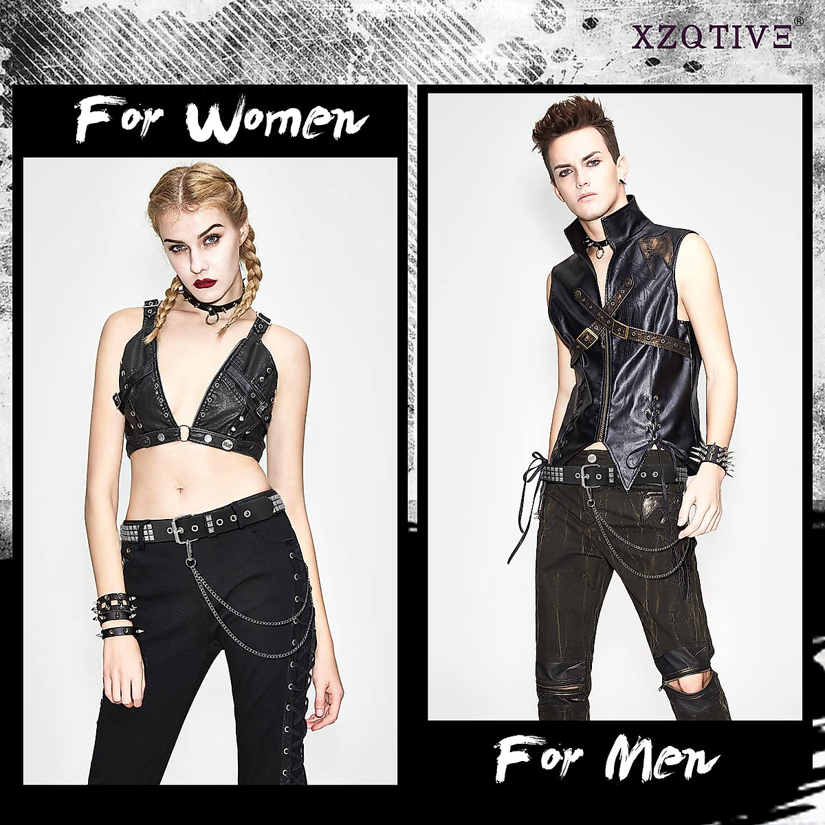 XZQTIVE Studded Belt with Chain Metal Punk Rock Rivet Belts for Women/Men Punk Leather Belt Gothic Belt Accessories for Jeans Pants (Silver, Fit Pant 31-36 inch)