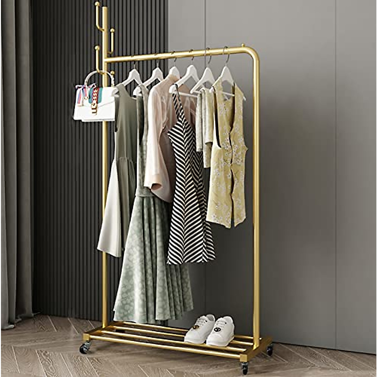 FJANKUI Clothing Garment Rack with Lockable Wheels, 3-in-1 Rolling Clothes Rack for Hanging Clothes, 5 Side Hooks and Bottom Shelves Organizing Clothes,Shoes,bags,hats(31.5in gold)