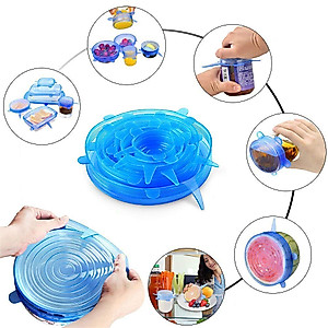 YAZJIWAN Silicone Stretch Lids, Durable & Eco-Friendly Elastic Lids Reusable Heat Resistant Various Sizes Cover for Bowl (Blue-6pack)