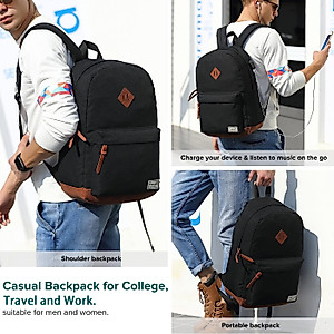 Classic College Backpack, Water-resistent Laptop Backpack with USB Charging Port & Headphone Adapter for Men & Women Slim Anti-Theft Travel Bookbags Fits up to 14'' Computer 15'' Macbook - Black