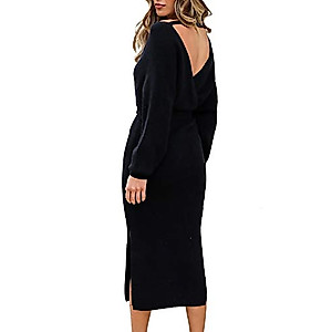 Viottiset Women's V Neck Batwing Long Sleeve Sexy Slim Elegant Open Back Wrap Bodycon Holiday Slit Long Maxi Knit Sweater Dresses with Belt Black X-Large