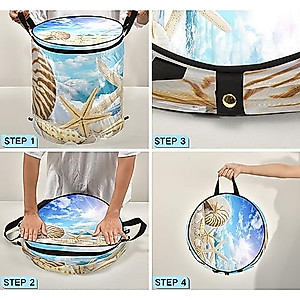 pnyoin 50L Large Popup Laundry Hamper Round with Zipper Lid Reinforced Handles Portable Collapsible Basket for Kids Room College Dorm Travel, Sunny Sky with Starfish