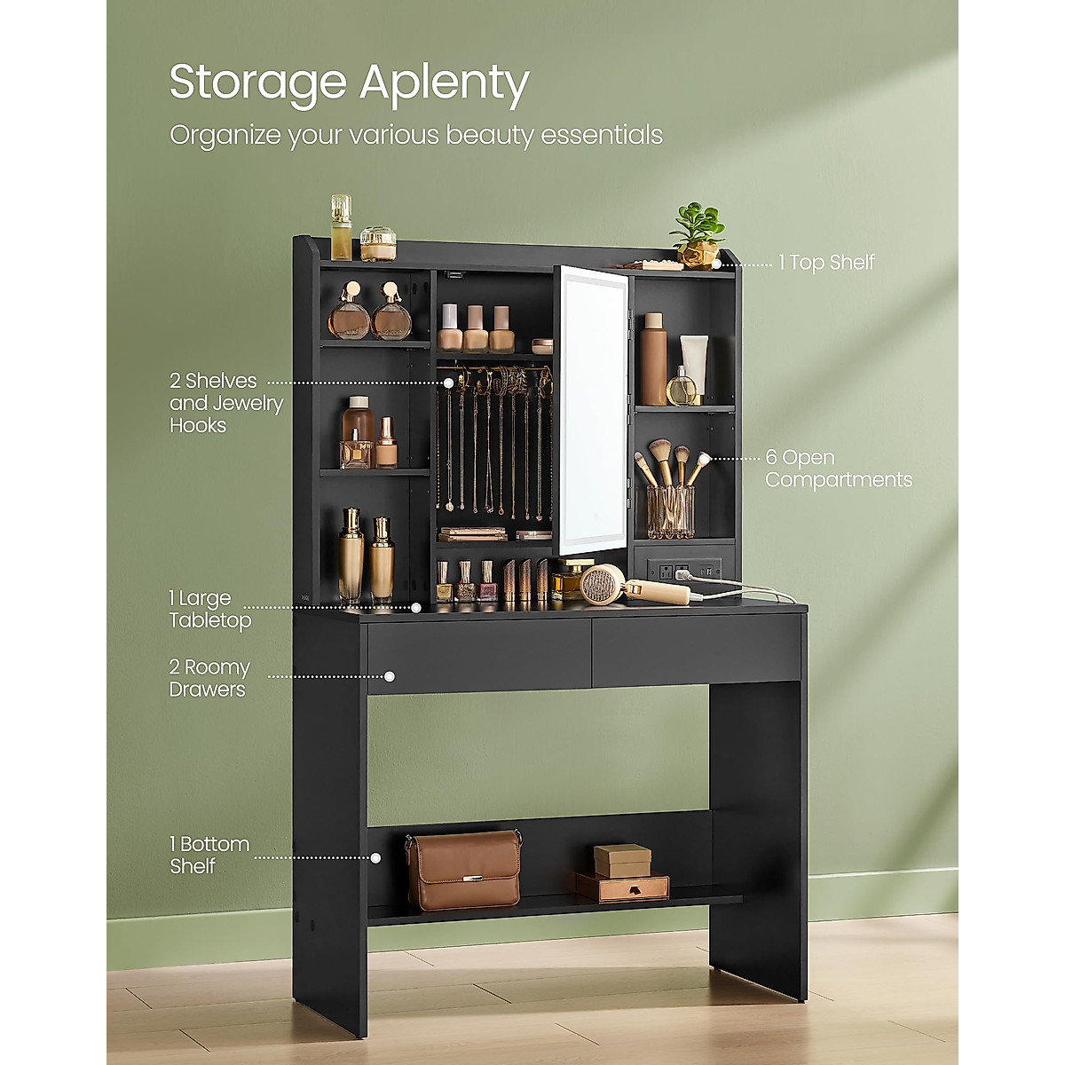 VASAGLE Vanity Desk with Power Outlets, Makeup Vanity with Mirror and Lights, Upholstered Vanity Stool, Dimmable LED Lights, 6 Compartments, 2 Drawers, for Bedroom, Ink Black URDT031B01