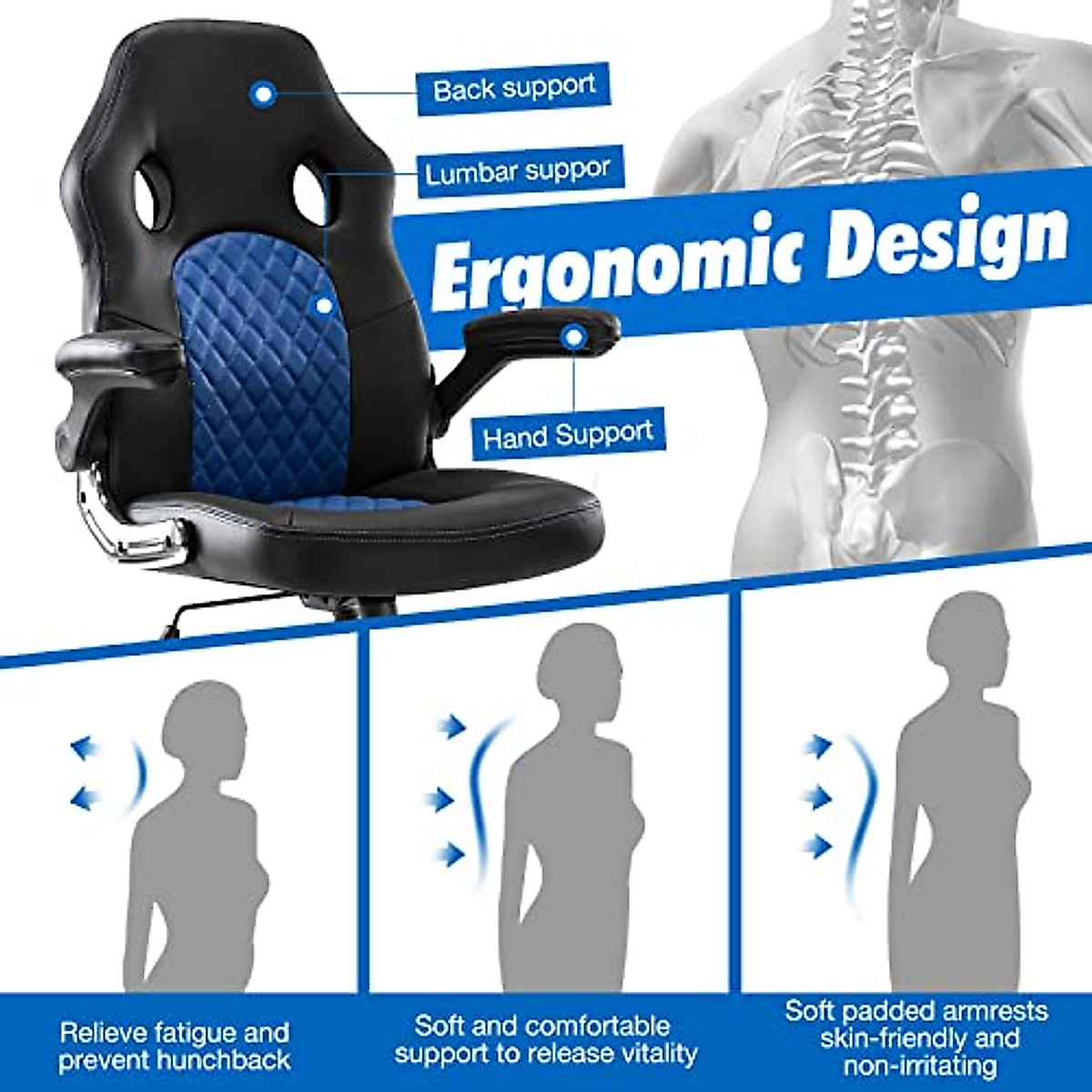 OLIXIS Gaming Ergonomic Office Desk Flip-up Armrests and Lumbar Support PU Leather Executive Mid Back Computer Chair for Adults, Blue
