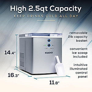 Igloo Electric Countertop Ice Maker Machine - Automatic and Portable - 33 Pounds in 24 Hours - Ice Cube Maker - Ice Scoop and Basket - Ideal for Iced Coffee and Cocktails - Silver