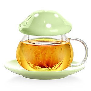 WHJY Mushroom Tea Cup with Infuser and Lid, Cute Mushroom Mug, Kawaii Glass Tea Cup with Ceramic Lid and Coasters, Glass Tea Cups with Strainer, 11 oz/340 ml - Green