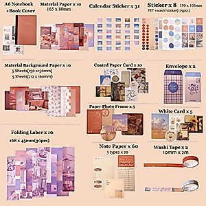 TIANREN Aesthetic Scrapbook kit(348pcs),Junk Journal/Daily Journal Scrapbooking Supplies Stationery,A6 Grid Notebook,DIY journaling Craft Gift for Teen Girls, Boys,Kids,Women..（Sunset