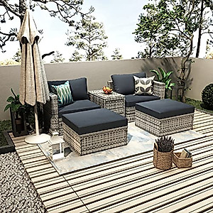 CHINNLUU 5 Pieces Patio Furniture Set Outdoor Wicker Patio Sofa Washable All-Weathe Sectional Conversation Set with Cushion and Glass Table (Grey)