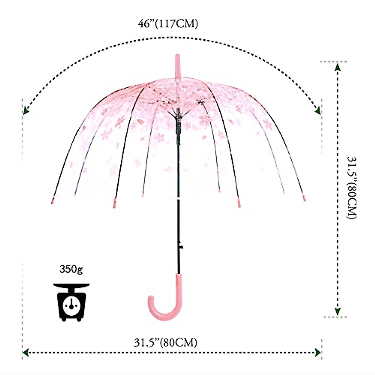 Kung Fu Smith Pink Flower Clear Bubble Umbrella for Kids Girls and Women, Auto Open Cherry Blossom Stick Rain Umbrella