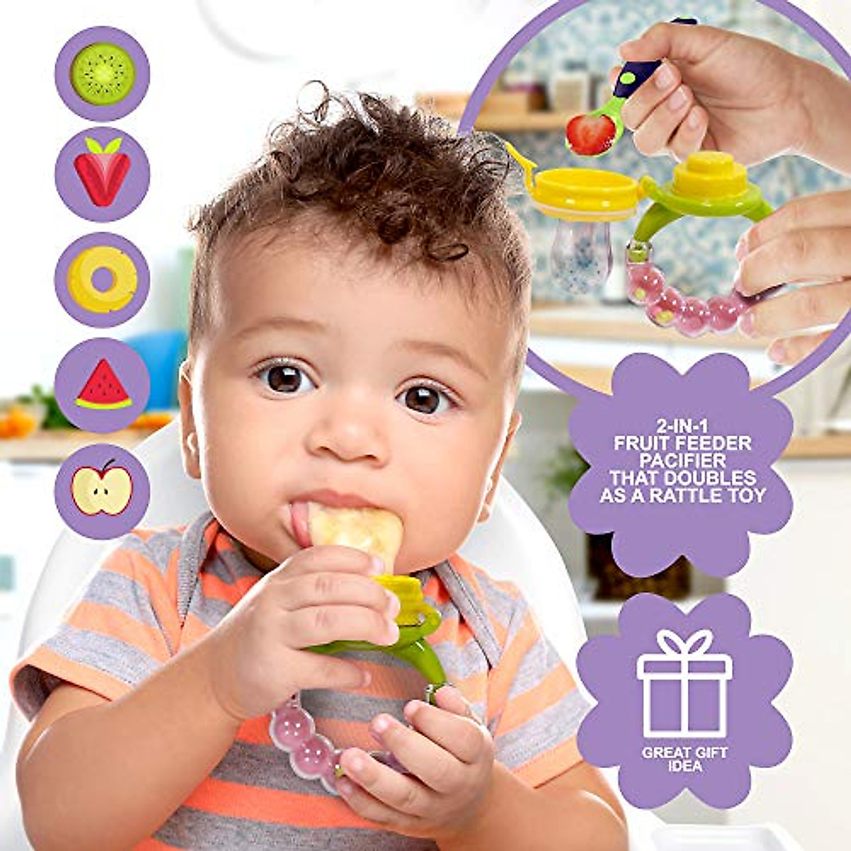 Baby Feeding Gift Set 8PC: Silicone Bib, Masher and Bowl, Spoon and Fork Set, Fruit Feeder with Rattle, Finger Toothbrush and Food Scissors by Bebe N Belle (Yellow)
