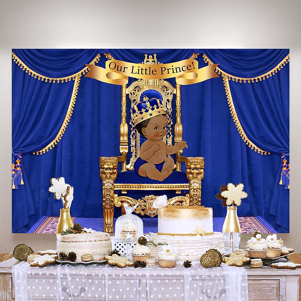 5×3ft Royal Little Prince Boy King Baby Shower Backdrop Blue Curtain Gold Crown Theme Party Banner Decorations Ethnic Black Boys Newborn 1st Birthday Cake Table Supplies Portrait Shooting Photo Props