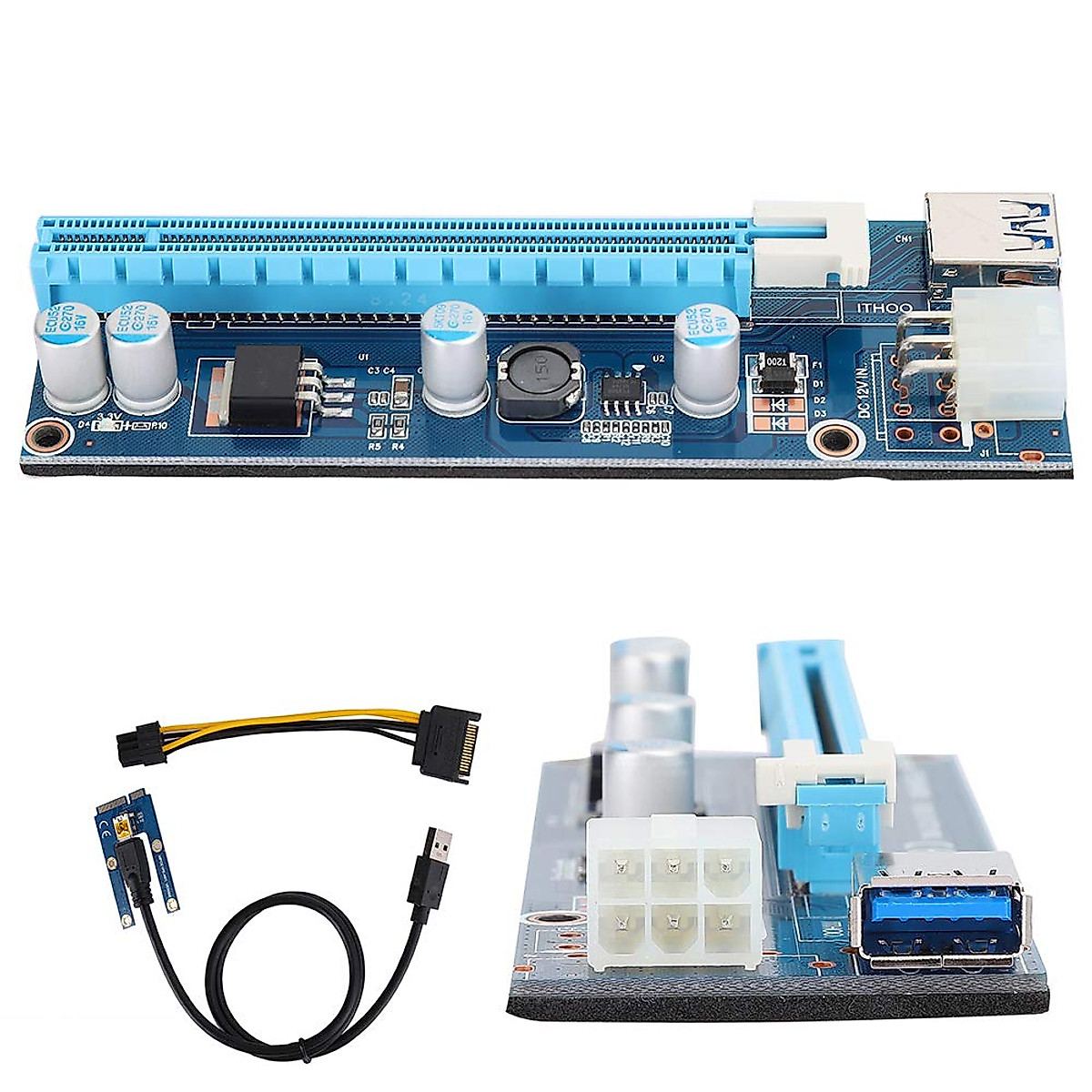 Mini PCI E to PCI Express16x Extender Riser Adapter, SATA Power Cord Converter for Video Card Mining Adopt 4 Solid-State Capacitors, 6pin Interface on The Graphics Card etc.