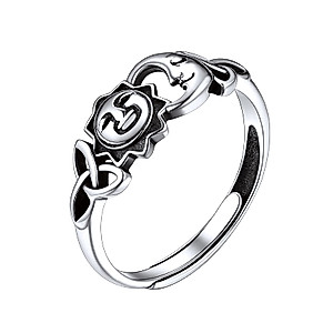 ChicSilver 925 Sterling Silver Sun Moon Universe Faces Ring Vintage Dainty Irish Celtic Trinity Knot Band Ring for Women Adjustable