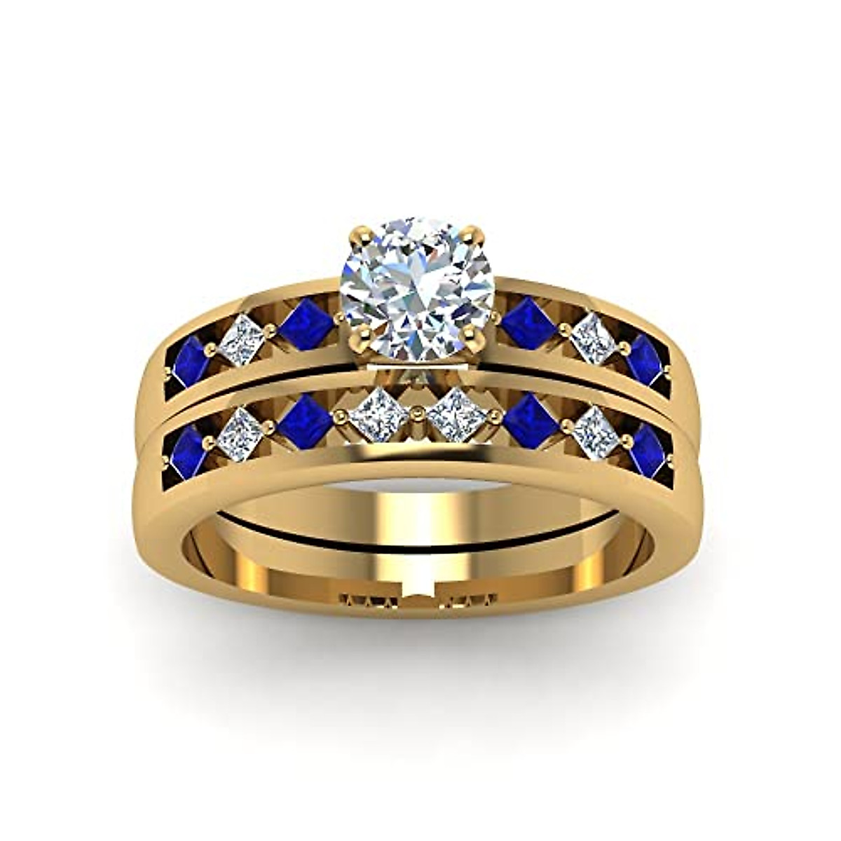 CustomizedGifts Kite Diamond Ring Setting With Matching Band yellow gold plated Created Blue Sapphire Round shape Blue color Wedding Ring Sets prong Setting in Size 8 Fashion Jewelry