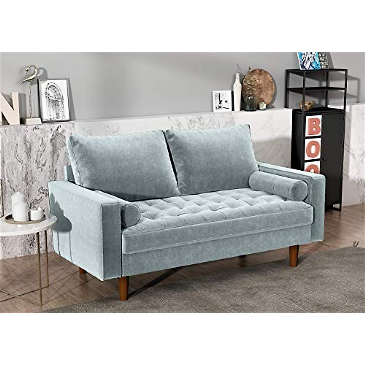 Container Furniture Direct Womble 58 Inch Velvet Loveseat Sofa with Elegant Button Tufted Upholstery, Square Arms, Splayed Wood Legs, Includes Matching Bolster Pillows, Steel Blue