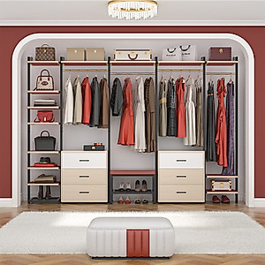 Cyclysio 96'' Heavy Duty Closet System, Large Wooden Garment Rack, Wall Mounted Walk-in Closet, Clothing Rack with Shelves, Closet Organizer System with Stool, 14 Shelves, 6 Drawers, 4 Rods, Black