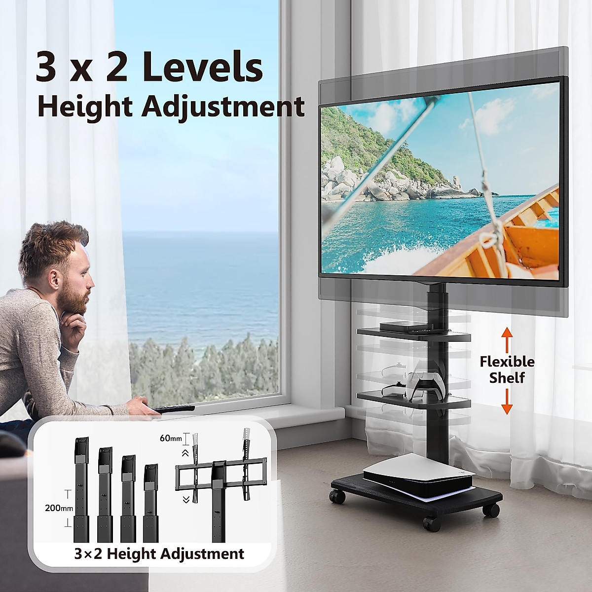 FITUEYES Rolling TV Stand, Mobile TV Cart on Wheels for 32 - 65 70 Inch Flat Screen TVs, Tall TV Floor Stand with Swivel Mount, Corner TV Stands for Bedroom, Outdoor, Home Office, Small Dorm, Black