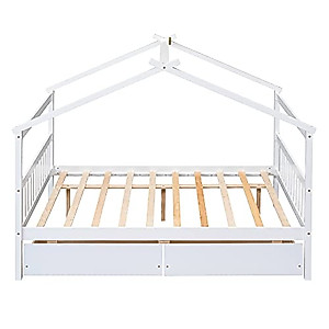 Merax Full Size Wooden House Bed with Two Drawers, Wood Bed Frame with Roof for Kids, Teens, Boys or Girls, White
