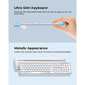 Wireless Bluetooth Keyboard and Mouse Combo (USB + Dual BT), seenda Multi-Device Rechargeable Slim Keyboard and Mouse, Compatible for Win 7/8/10, MacBook Pro/Air, iPad, Tablet - White Silver